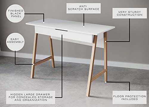 Parma 42 Inch Modern Desk - Home & Office Small Computer Desk with Wide Drawer - Wooden Study Writing Minimalist Desk with Storage for Small Space, Bedroom & Workstations - Student Desk/Table (White)