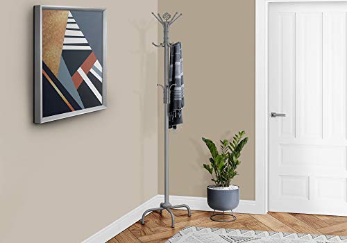 Monarch Specialties 2007, Hall Tree, Free Standing, 12 Hooks, Entryway, Bedroom, Metal, Grey, Contemporary, Modern Coat Rack, 19" L x 19" W x 70" H, Silver