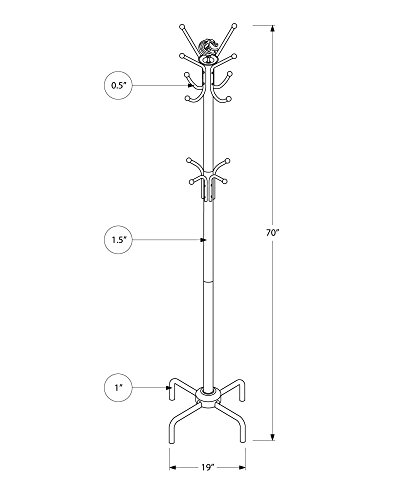 Monarch Specialties 2007, Hall Tree, Free Standing, 12 Hooks, Entryway, Bedroom, Metal, Grey, Contemporary, Modern Coat Rack, 19" L x 19" W x 70" H, Silver