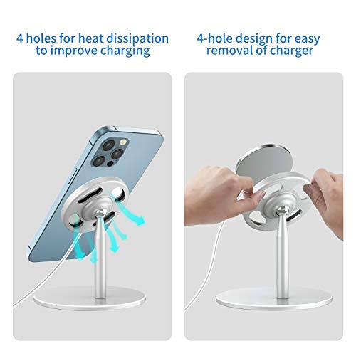 Aluminum Cell Phone Stand for MagSafe Charger,Compatible with Apple MagSafe Cradle Work with iPhone 12/Pro/Pro Max/Mini,Stable Desk Dock Mount Holder for MagSafe 2020 (Silver)