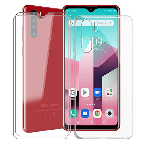 Phone Case for Blackview A80 Plus (6.49"), with [2 x Tempered Glass Protective Film], KJYF Clear Soft TPU Shell Ultra-Thin [Anti-Scratch] [Anti-Yellow] Case for Blackview A80 Plus - Transparent