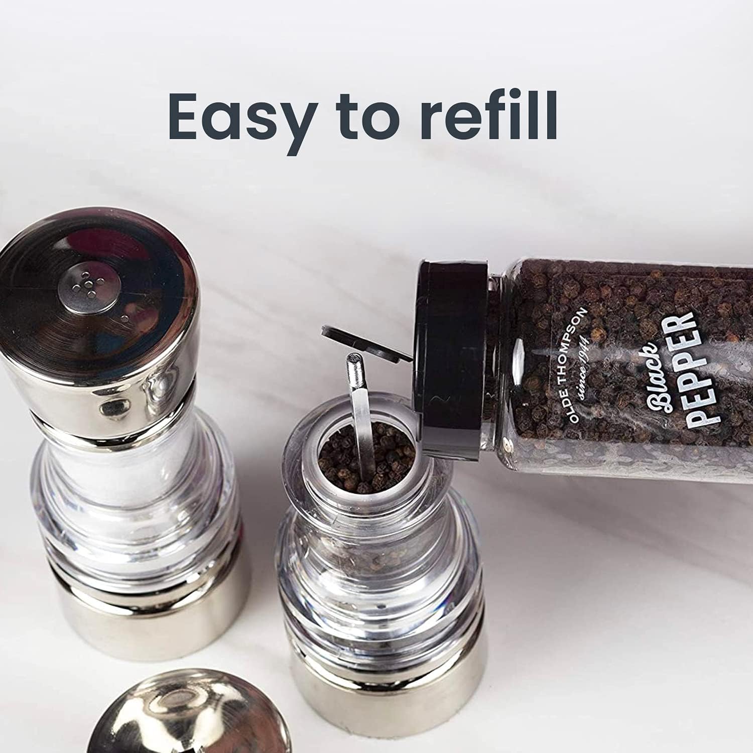 Olde Thompson 7" Brushed Nickel Salt Shaker & Pepper Mill Set, Adjustable Pepper Grinder