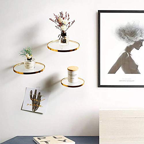 Floating Shelves Wall Mounted, Circular Wall Hanging Iron and Glass Golden Shelf, Home Decoration Accessories Wall Decor, for Bedroom, Living Room, Bathroom, Kitchen, Office