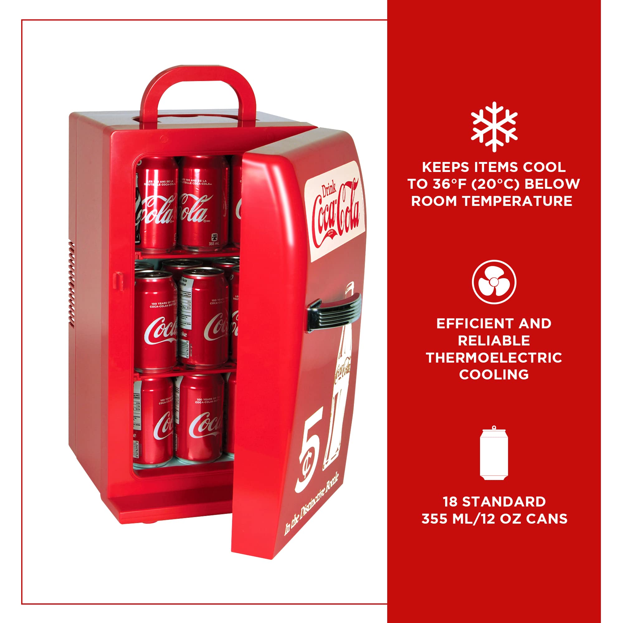 Coca Cola Retro Mini Fridge 18 Can Beverage Cooler Portable Compact Refrigerator for Home Office Dorm Travel Thermoelectric Energy Efficient Quiet Operation Small Appliance