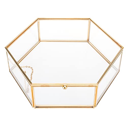 HighFree Glass Vintage Jewelry Box, Hexagon Golden Geometric Ring Display Jewelry Organizer, Keepsake Case Bracelet Ring Display Box for Storage Trinket, Ring, Earring (Large - 8.7x7.5x2.4inch)