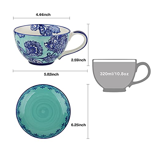 Taimei Teatime Ceramic Coffee Cups and Saucers,10.8oz Tea Mugs with Plates of 2, Green Handpainted Floral Large Tea Mugs for Tea, Cappuccino, Latte or Americano