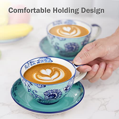 Taimei Teatime Ceramic Coffee Cups and Saucers,10.8oz Tea Mugs with Plates of 2, Green Handpainted Floral Large Tea Mugs for Tea, Cappuccino, Latte or Americano