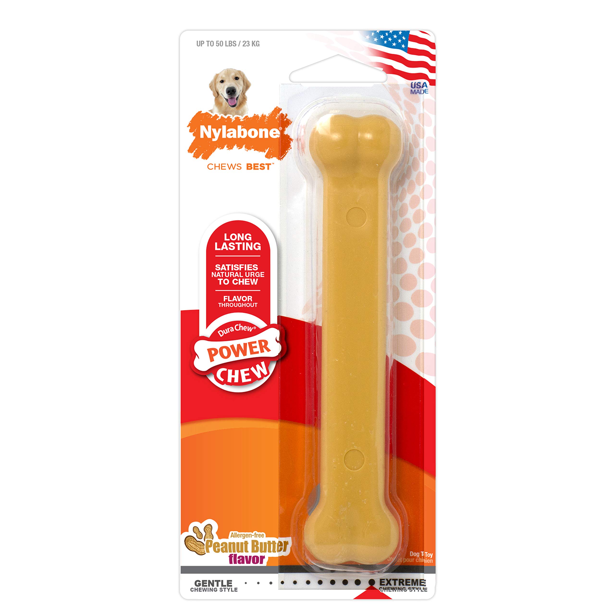 Nylabone Power Chew Classic Bone Chew Toy for Dogs, Durable Dog Toys for Aggressive Chewers, Peanut Butter Flavor, Large/Giant - Up to 50 lbs. (1 Count)
