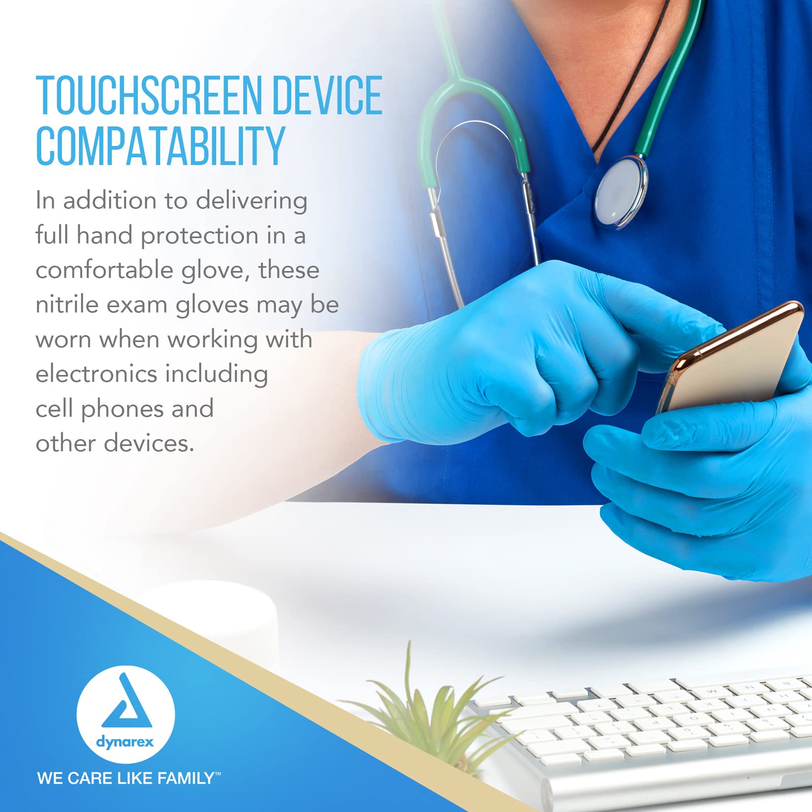 Dynarex Safe-Touch Disposable Nitrile Exam Gloves, Powder-Free, Latex-Free, Touchscreen Friendly, Blue, Small, 1 Box of 100 Disposable Nitrile Gloves