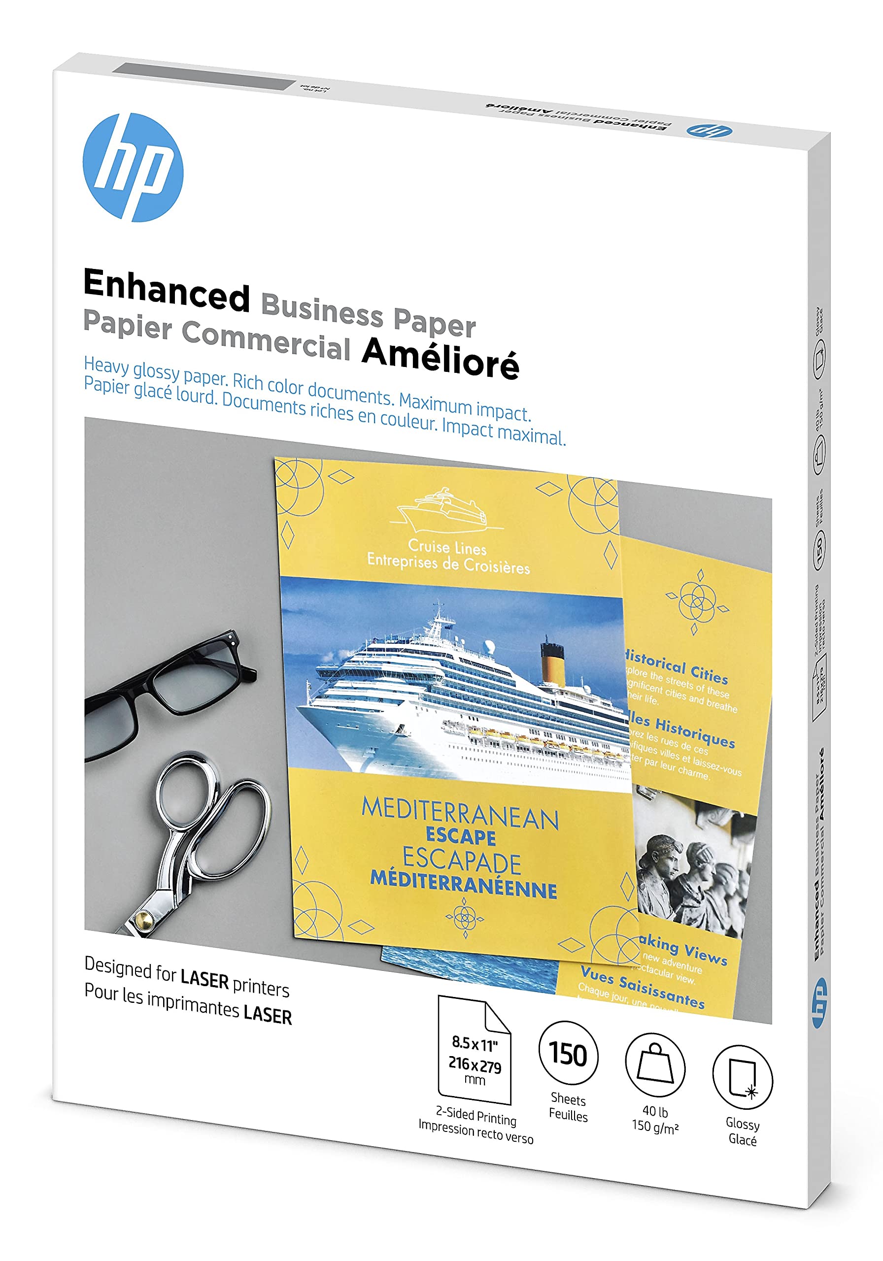 HP Color Laser Brochure Paper, 97 Brightness, 40 lb, 8-1/2 x 11, White, 150 Shts/Pk