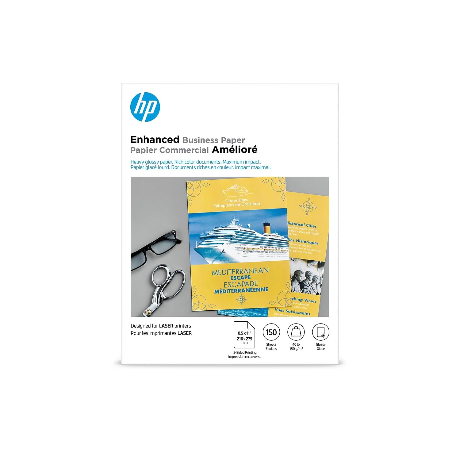 HP Color Laser Brochure Paper, 97 Brightness, 40 lb, 8-1/2 x 11, White, 150 Shts/Pk
