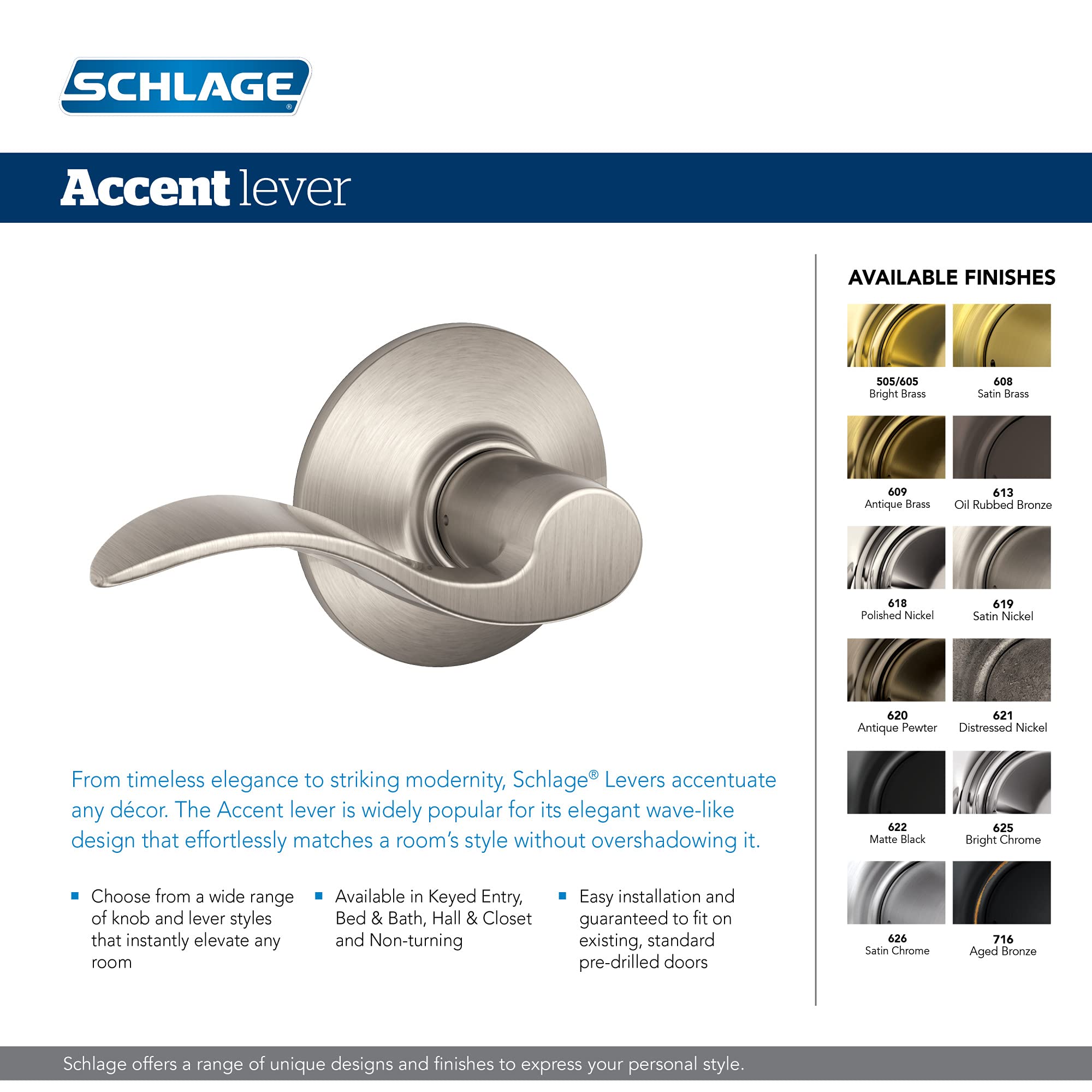 Schlage F170 ACC 605 RH Right Handed Accent Door Lever, One Sided Non-Turning Dummy Door Handle, Bright Brass