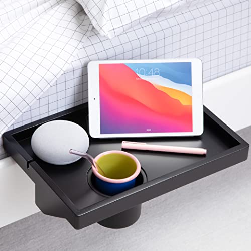 BedShelfie Bedside Shelf for Bunk Bed - College Dorm Room Essentials, Loft Bed Accessories, Clip On Nightstand Snack Organizer, Floating Bed Side Table Tray Shelfie Storage - Wood Black Cup Holder
