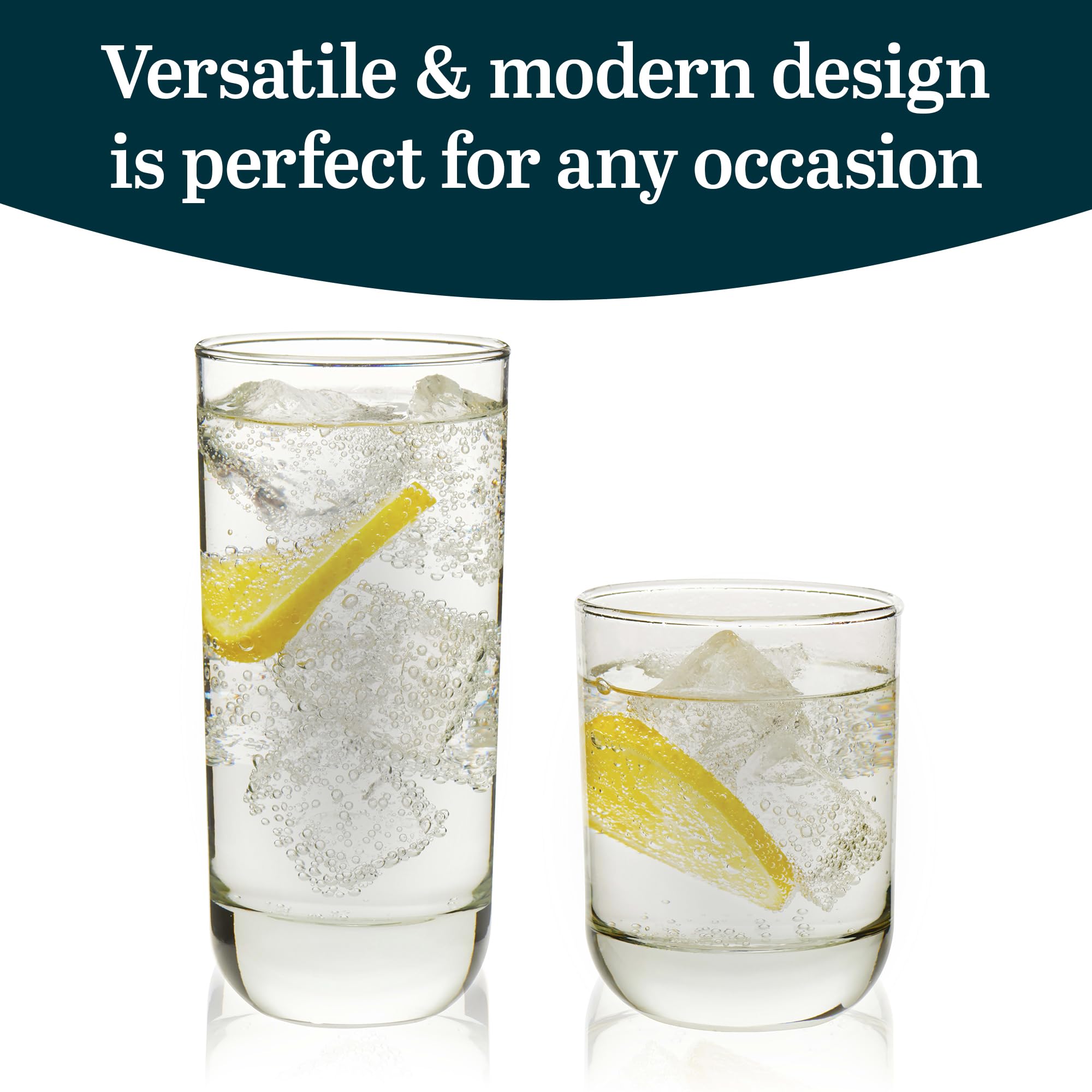 Libbey Polaris Tumbler and Rocks Glass Set, Clear Drinkware Glasses Set, Short and Tall Water Glasses with Modern Clean Lines, Dishwasher Safe Drinking Glasses Set of 16