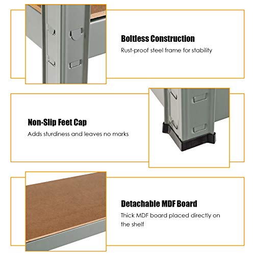 Tangkula Metal Storage Shelves, Heavy Duty Steel 5 Tier Utility Shelves with Adjustable Shelves, Bolt-Free Assembly, High Weight Capacity, Garage Organization Storage Rack, 36" Lx16''Wx72 H (1, Grey)