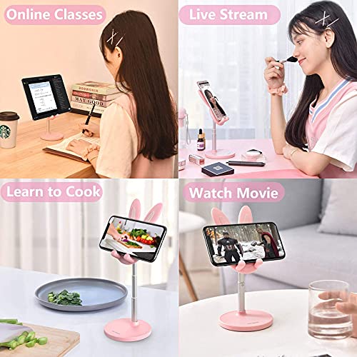 NocksyDecal Cute Bunny Phone Stand, Kawaii Cell Phone Holder for Desk Compatible with All Mobile Phone, Tablet, Switch, Height Angle Adjustable, Pink Office Decor Gift for Girl Women