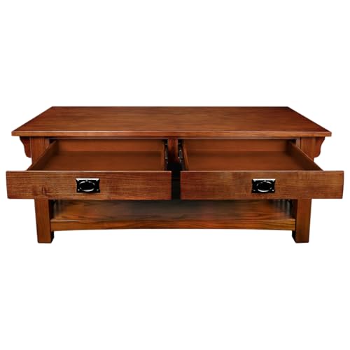 Leick Home 8204 Mission Impeccable Coffee Table for Living Room, Two Drawers and Shelf, Made with Solid Wood, Medium Oak Finish