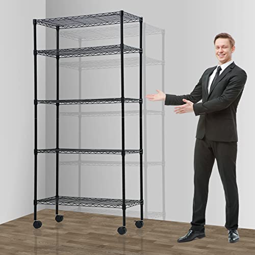 5 Tier Wire Shelving Unit Storage Metal Shelf Standing Shelf Units NSF Heavy Duty Height Adjustable Garage Shelving 14" W x 30" L x 60" H with Wheels Large Commercial Shelving Black