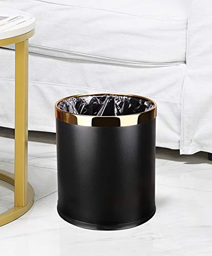 10Liter/2.64 Gallon Metal Trash Can with Faux Leather,Double-Layer Dustbin Without Cover Garbage Bin for for Bathroom Office Bedroom Living Room Kitchen (Gold Circle, Black)