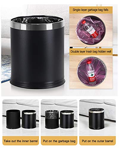 10Liter/2.64 Gallon Metal Trash Can with Faux Leather,Double-Layer Dustbin Without Cover Garbage Bin for for Bathroom Office Bedroom Living Room Kitchen (Gold Circle, Black)