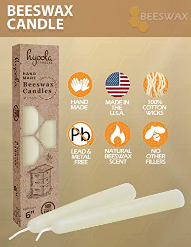 Hyoola 6" Beeswax Taper Candles - 6 Hour Burn Time - White Beeswax Candles - 2 Pack