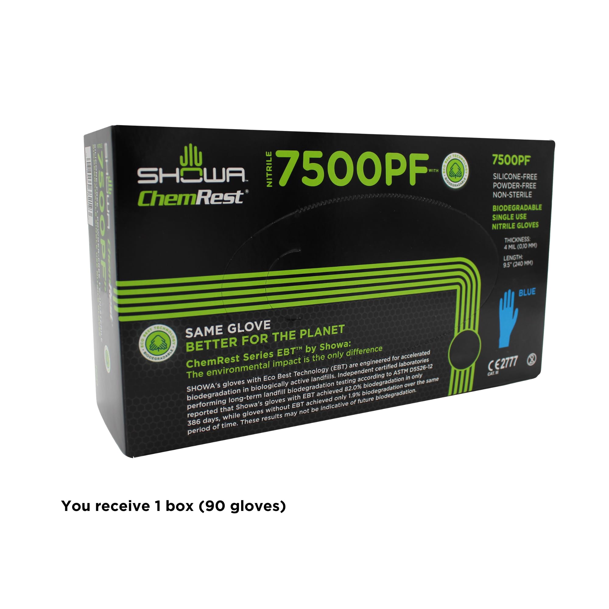 SHOWA 7500PF Biodegradable Powder-Free Nitrile Disposable Safety Glove, Food Safe, 4 Mil Thick, 9.5" Length, X-Small (1 Box)