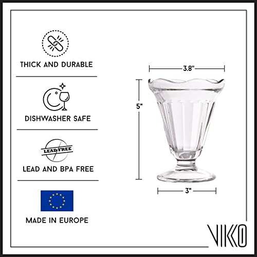 Vikko 7.5-Ounce Footed Ice Cream Cups, Classic Sundae Style Glass Cups, Thick and Durable, For Sundaes, Milkshakes, Ices, Desserts, Set of 6 Dessert Glasses 3.8” x 5”
