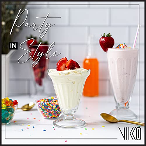 Vikko 7.5-Ounce Footed Ice Cream Cups, Classic Sundae Style Glass Cups, Thick and Durable, For Sundaes, Milkshakes, Ices, Desserts, Set of 6 Dessert Glasses 3.8” x 5”