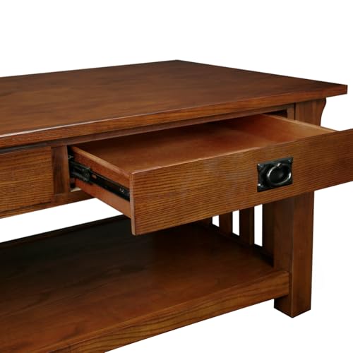 Leick Home 8204 Mission Impeccable Coffee Table for Living Room, Two Drawers and Shelf, Made with Solid Wood, Medium Oak Finish