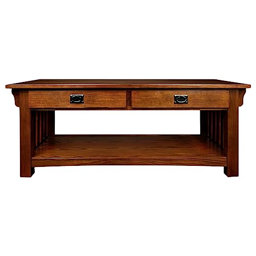 Leick Home 8204 Mission Impeccable Coffee Table for Living Room, Two Drawers and Shelf, Made with Solid Wood, Medium Oak Finish