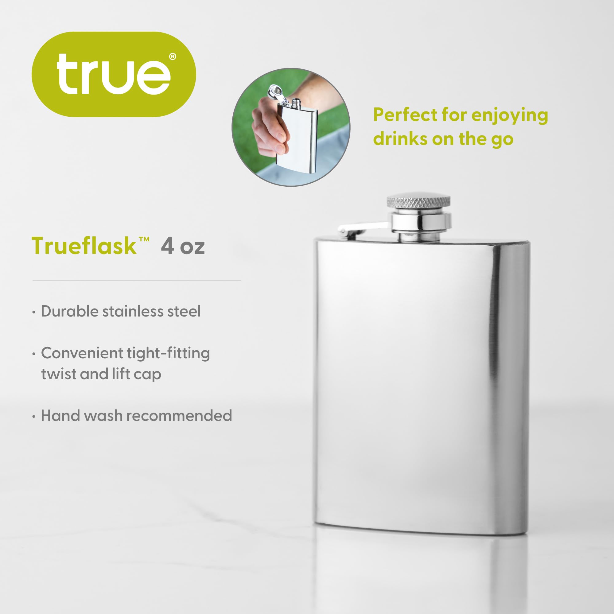 TRUE Stainless Steel Metal Men and Women Drinking Flasks for Vodka Whiskey Tequila Rum Cocktails, Travel, Backpacking, 4 oz, Set of 1, Silver
