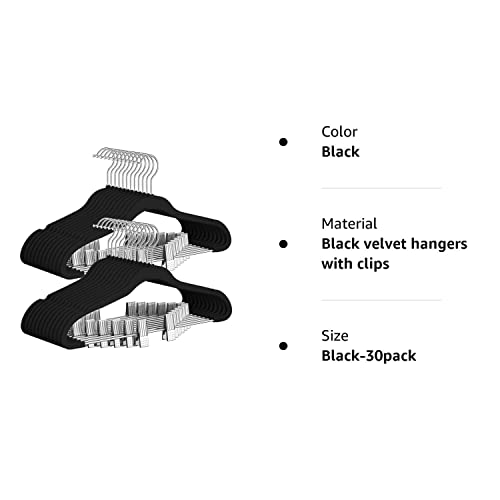 TIMMY 30-Pack Pants Hangers, 16.7-Inch Long Velvet Trousers Hangers with Adjustable Clips, Heavy-Duty, Non-Slip, Space-Saving ,360 ° Swivel Hooks Black Velvet Hanger
