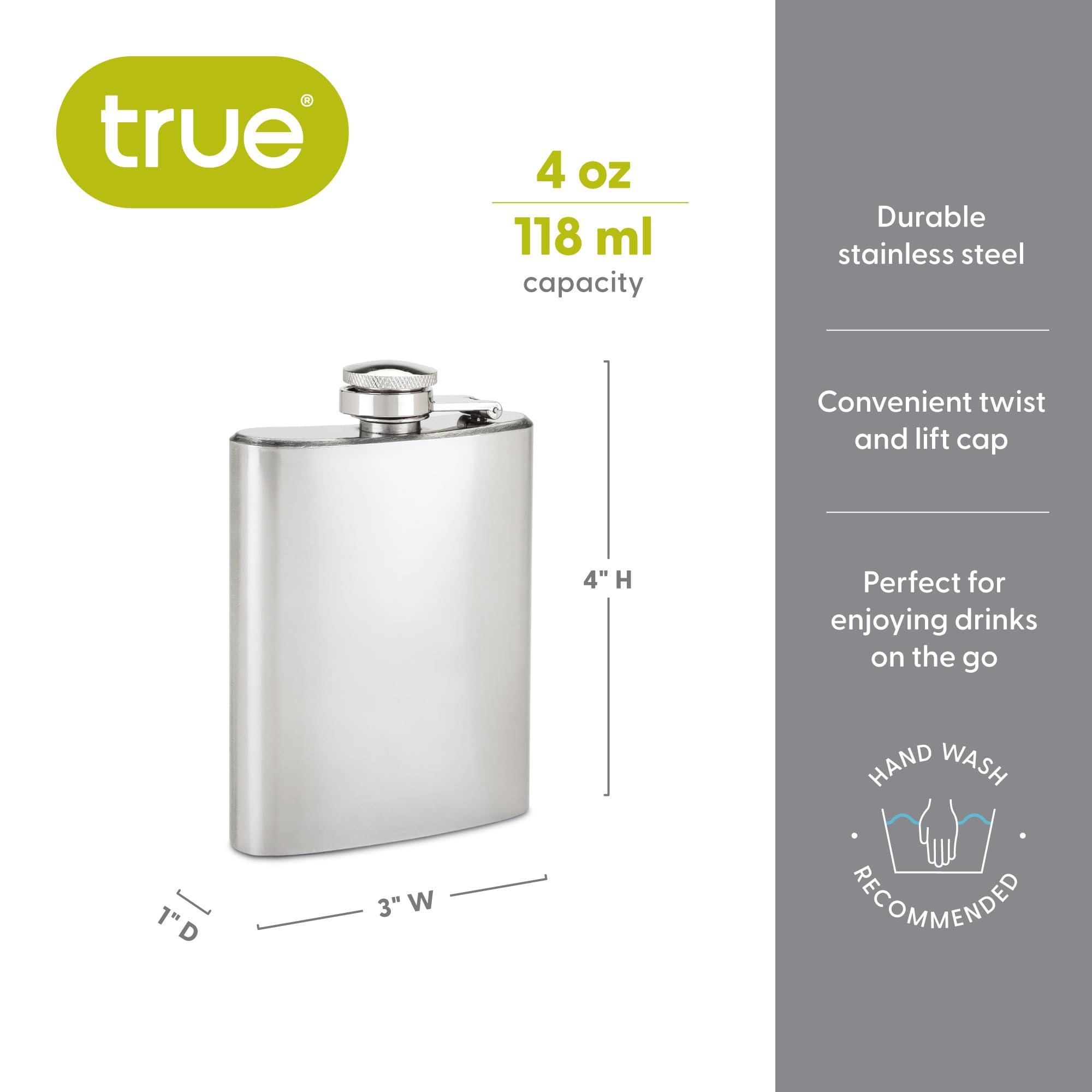TRUE Stainless Steel Metal Men and Women Drinking Flasks for Vodka Whiskey Tequila Rum Cocktails, Travel, Backpacking, 4 oz, Set of 1, Silver