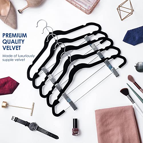 TIMMY 30-Pack Pants Hangers, 16.7-Inch Long Velvet Trousers Hangers with Adjustable Clips, Heavy-Duty, Non-Slip, Space-Saving ,360 ° Swivel Hooks Black Velvet Hanger