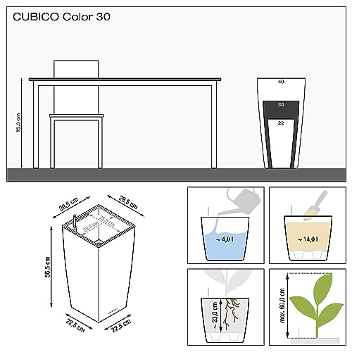 Lechuza 13138 Cubico Color 30 Self-Watering Planter for Indoor and Outdoor Use, 12" x 12" x 22", Slate