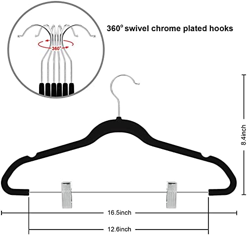 TIMMY 30-Pack Pants Hangers, 16.7-Inch Long Velvet Trousers Hangers with Adjustable Clips, Heavy-Duty, Non-Slip, Space-Saving ,360 ° Swivel Hooks Black Velvet Hanger