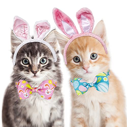 Pohshido Easter Cat Collar with Bow Tie, Holiday 2 Pack Kitty Kitten Cute Bunny Carrot Collar for Girls and Boys (Hoppy Hour/Pink)