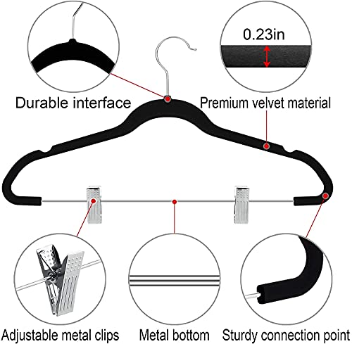 TIMMY 30-Pack Pants Hangers, 16.7-Inch Long Velvet Trousers Hangers with Adjustable Clips, Heavy-Duty, Non-Slip, Space-Saving ,360 ° Swivel Hooks Black Velvet Hanger