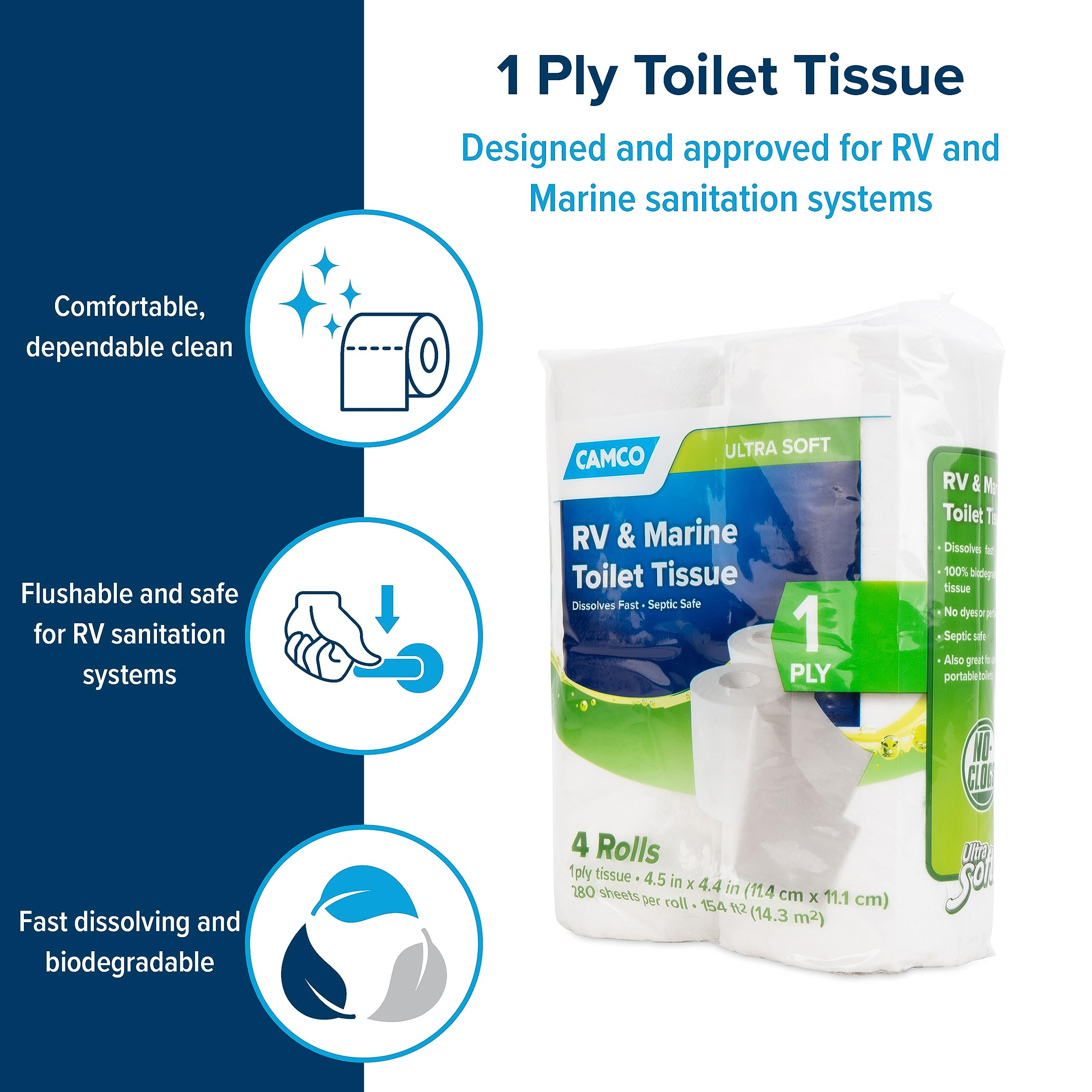 Camco Marine & RV Toilet Paper - 4-Rolls - 1-Ply Quick Dissolve RV & Marine Septic Safe Bath Tissue - Dye & Fragrance Free - 280 Sheets Per Roll (40275)