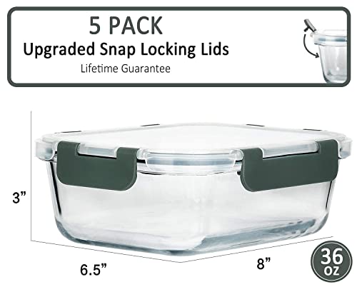 MCIRCO 36oz Single Compartment Glass Meal Prep Containers set of 5 and 36oz 2 Compartments Portion Control Glass Meal Prep Containers set of 5