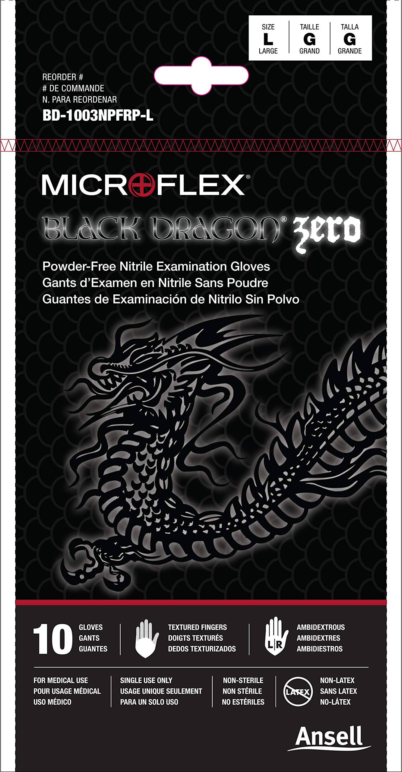 Microflex Black Dragon Latex Gloves - Disposable, Exam Grade, Black, Size Large (pack of 100)