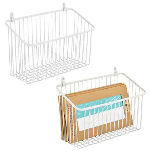 mDesign Small Metal Wire Wall Mounted Storage Organizer Basket Bin for Hanging in Kitchen, Garage, Entryway, Mudroom, Bedroom, Bathroom, Laundry Room - Unity Collection - 2 Pack - White