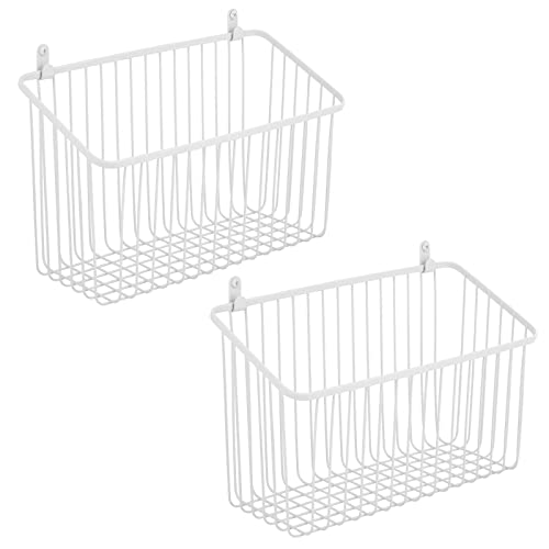 mDesign Small Metal Wire Wall Mounted Storage Organizer Basket Bin for Hanging in Kitchen, Garage, Entryway, Mudroom, Bedroom, Bathroom, Laundry Room - Unity Collection - 2 Pack - White