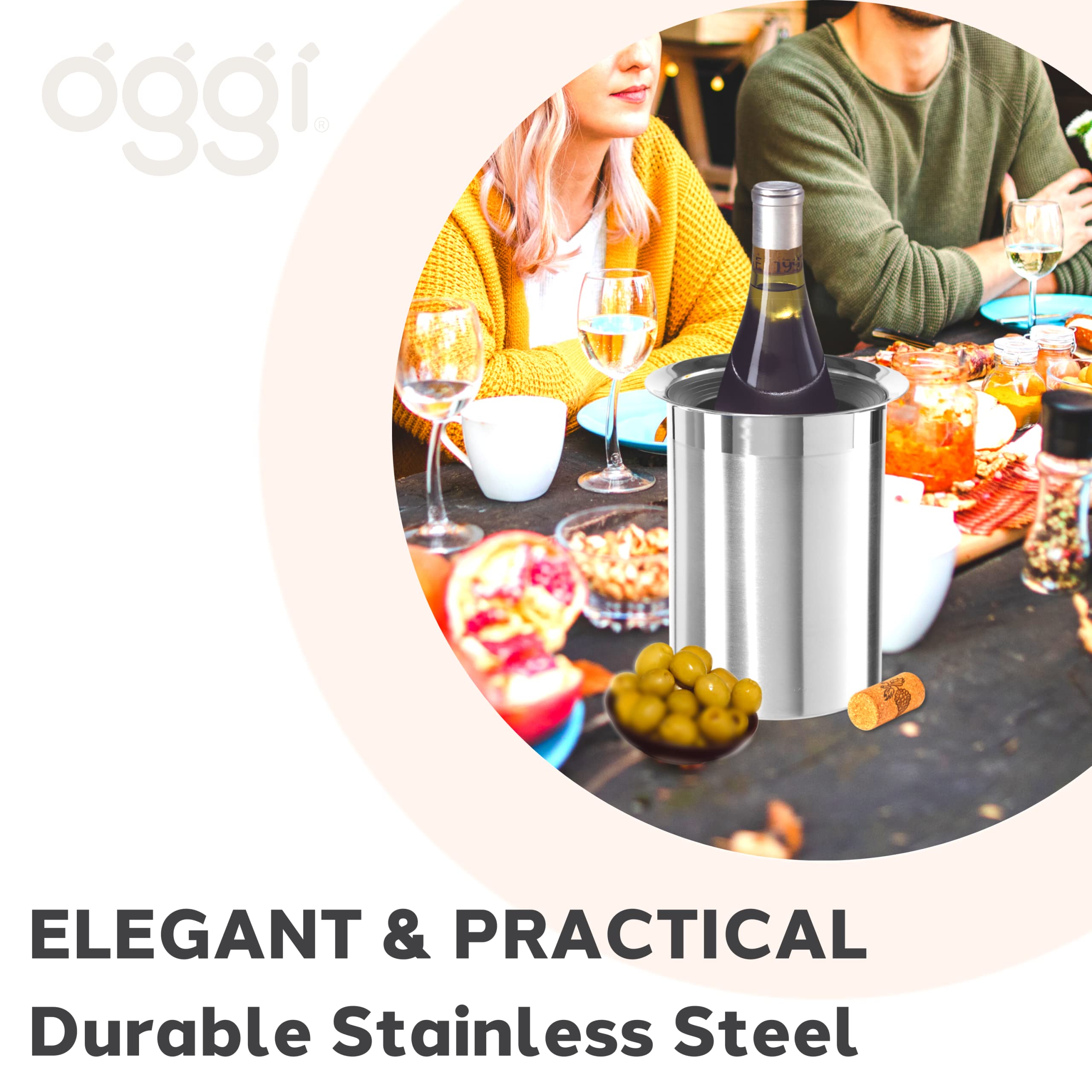 OGGI Iceless Wine Chiller with Removable Cooler Inserts - Highly Rated Wine Bottle Chiller and Single Wine Bottle Cooler, Ideal Wine Gifts; Keeps Wine Chilled for Hours, Stainless Steel