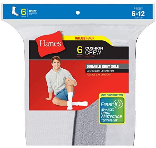 Hanes mens 6-pack Cushion crew socks, White, 6 12 US