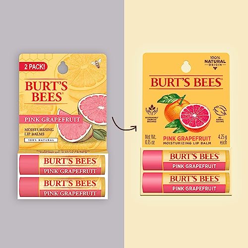 Burt's Bees Lip Balm - Pink Grapefruit, Lip Moisturizer With Responsibly Sourced Beeswax, Tint-Free, Natural Origin Conditioning Treatment, 2 Tubes, 0.15 oz.