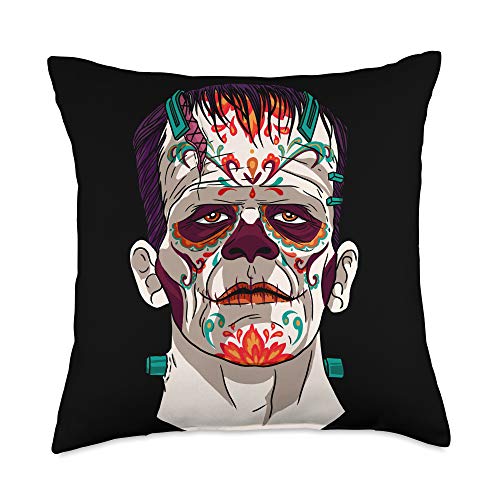 Retro Dia de los Muertos Tee Halloween Party Gift Catrina Frankenstein Sugar Skull Horror Movie Throw Pillow, 18x18, Multicolor