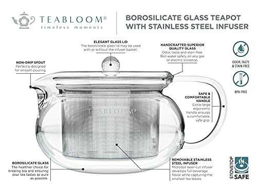 Teabloom Kyoto 2-in-1 Tea Kettle and Tea Maker β Glass Teapot with Removable Loose Tea Infuser β Tea Connoisseur's Choice