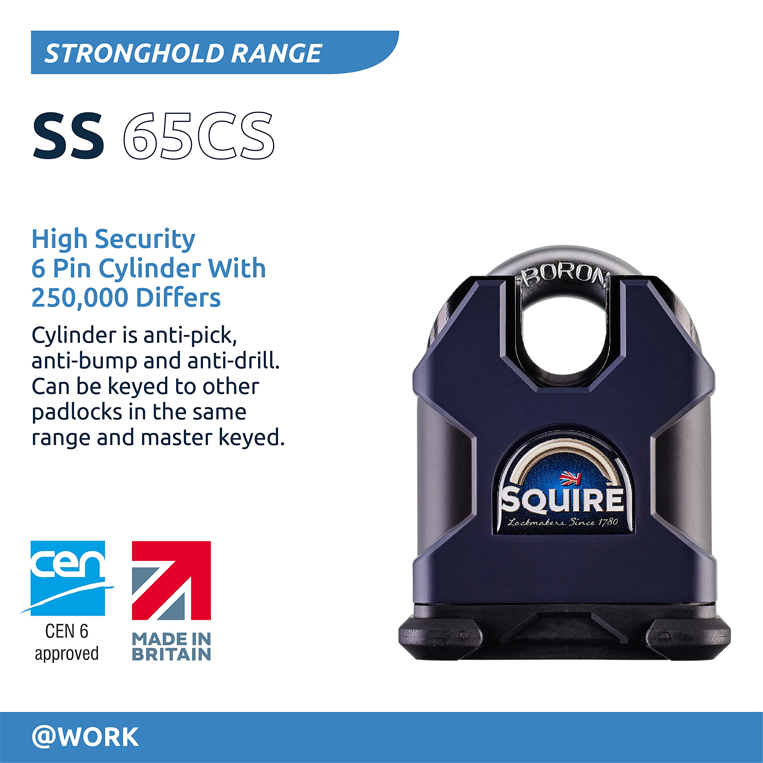 Henry Squire SS65CS Stronghold 6 Pin S Cylinder Closed Shackle Steel Padlock, 65 mm (Length), Black/Blue