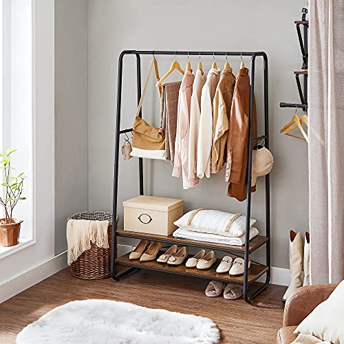 VASAGLE Clothes Rack, Clothing Rack for Hanging Clothes, Garment Rack with 2 Shelves, 6 S-Shaped Hooks, Steel Frame, for Bedroom, Rustic Brown and Black URGR112B01